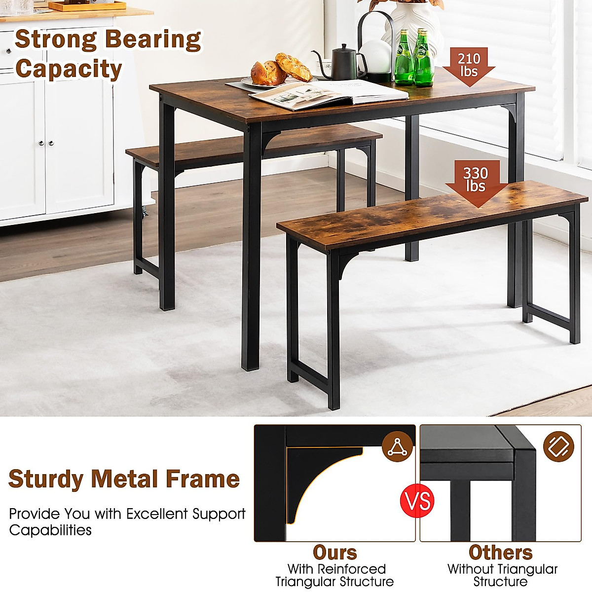 Giantex Dining Table Set for 4, Industrial Kitchen Table Set w/ 2 Benches, Space-Saving Dinette Set for Breakfast Nook, Dining Room, Kitchen, Easy Assembly (Mix Brown)