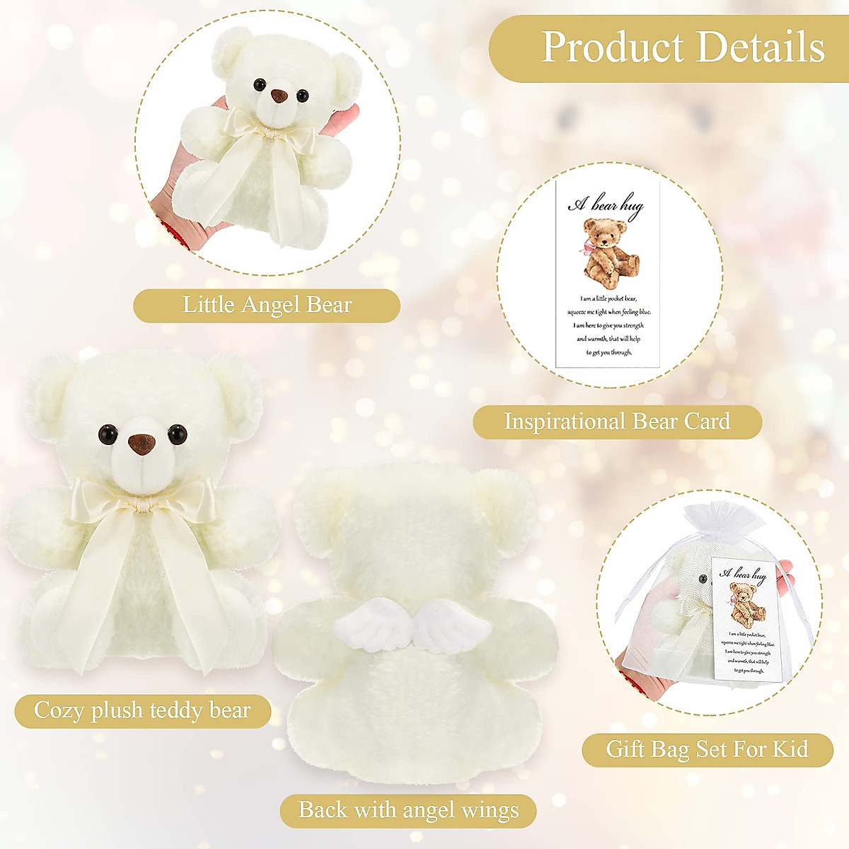 HyDren Angel Bear Plush Stuffed Animal Bear Sympathy White Bear Dolls Gift Ribbon Bow and Condolences Card for Kid Boy Girl Funeral Memorial Comfort Loss of Loved One