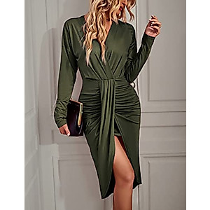 KOJOOIN Women's Long Sleeve Wrap V Neck Ruched Bodycon Dress High Empire Waist Slit Hem Sexy Cocktail Party Midi Dress Army Green XL