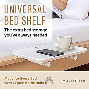 Maplefield Universal Bed Shelf - Clip-On Nightstand - Bedside Caddy for Bed - Great for Bunk Beds, Dorms, Small Spaces, and More - Holds Up to 60 LBS - 12” x 16 [White]