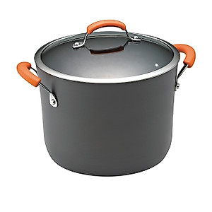 Rachael Ray Brights Hard Anodized Nonstick Stock Pot/Stockpot with Lid, 10 Quart, Gray with Orange Handles