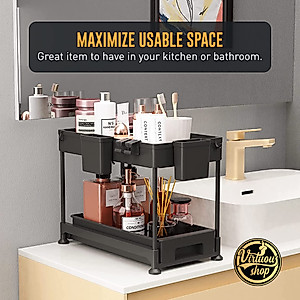 Under Sink Bathroom and Kitchen Cabinet Organizer, Countertop organizer, 2-Tier Sliding Large Capacity Storage Drawer With Hooks, Bathroom And Kitchen Organization And Storage, Multipurpose organizer