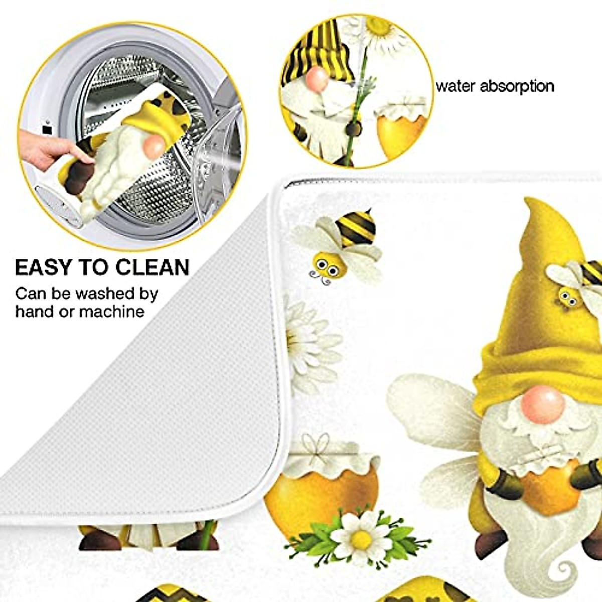 Yellow Gnomes Bee Absorbent Dish Drying Mat Reversible 16"x18",Summer Honey Sweet Drying Pad Protector for Kitchen Counter Sinks Dining Table