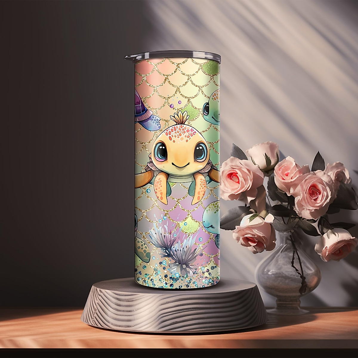 ROONMKUU Cartoon Turtles Tumbler With Lid And Straw, 20oz Stainless Steel Water Bottle, Insulated Water Cups, Summer Winter Drinkware, Outdoor Travel Accessories