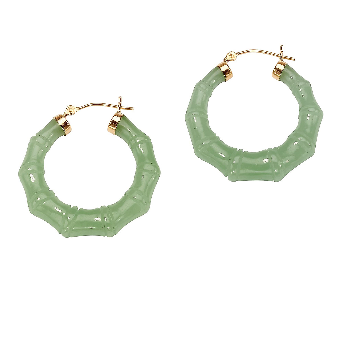 PalmBeach 14K Yellow Gold Round Genuine Green Jade Bamboo Style Hoop Earrings (30mm)