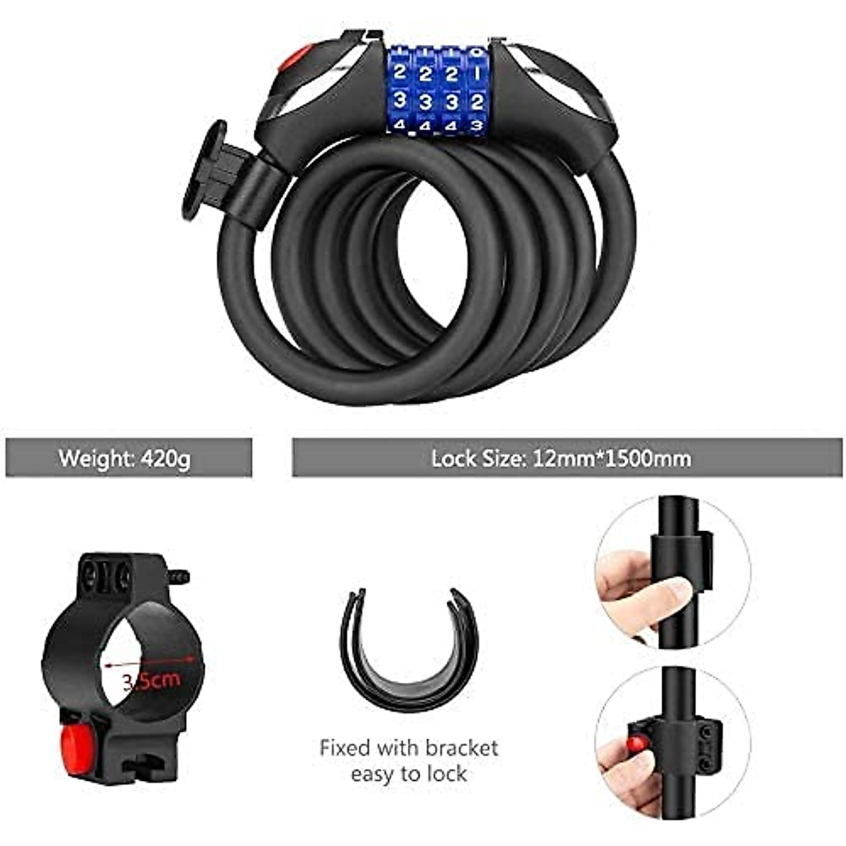 Bicycle Lock, with LED Night Light Lighting, Combination Lock, Mountain Bike Steel Cable Lock, 120cm / 12mm