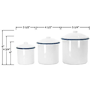 Red Co. White Enamelware Mug Pots with Blue Rim & Lid - Set of 3 Nesting Cups, Perfect for Picnic, Camping, Outdoor Activity