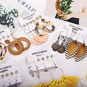 47 Pairs Fashion Earrings for Women Girls, Boho Statement Tassel Rattan Leather Earrings Butterfly Acrylic Hoop Stud Drop Dangle Earrings Set, Hypoallergenic for Sensitive Ears