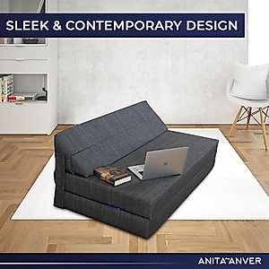 Anita Anver 60" Fold Out Couch Bed, Sleeper Chair Futon, Washable Linen Cover, Comfort Optimized Back-Support Design (Queen, Dark Grey)
