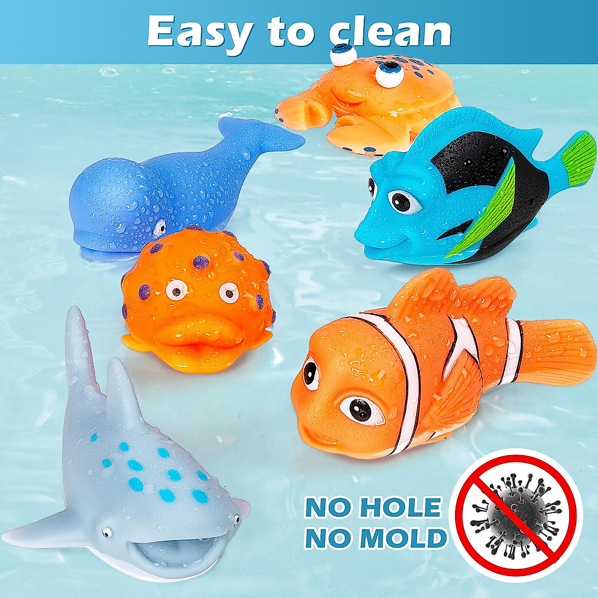 No Hole Mold Free Bath Toys for Toddlers 1-3, Water Toys for 6-12 Months Infants with Storage Bag, Baby Shark Toys for Pool, Bathtub, Beach, Shower, Tub, Kids Boys Girls Gifts