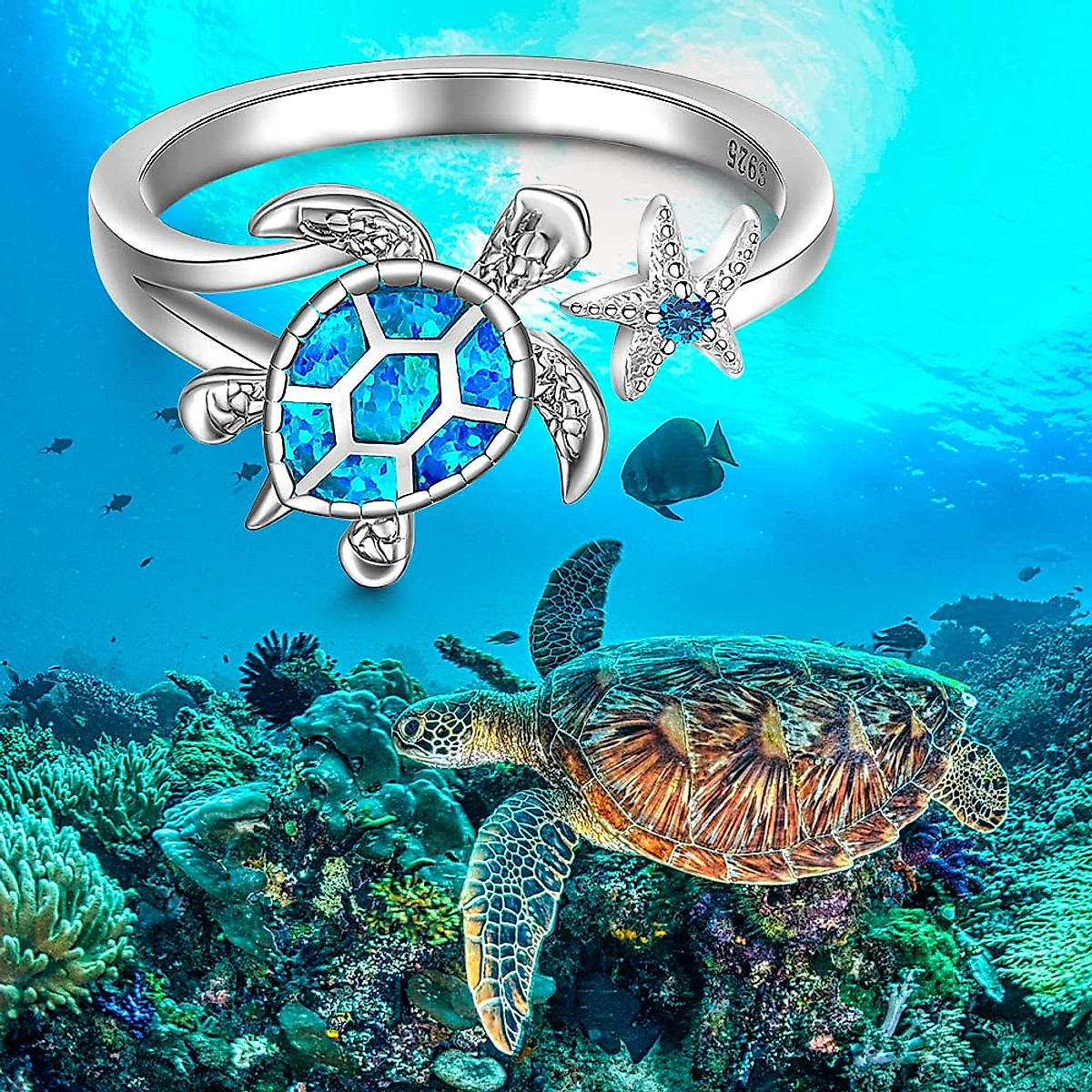 Fenthring Opal Ring Sea Turtle Rings Blue Opal Sterling Silver Adjustable Turtle Jewelry Starfish Good Luck Longevity Gifts Size 8