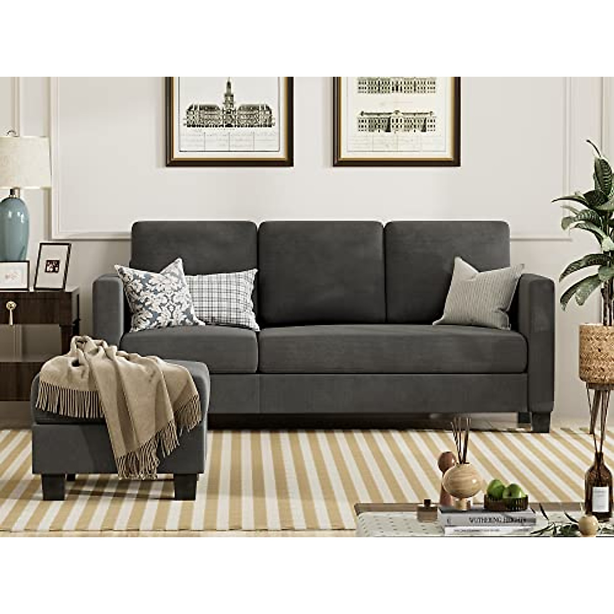 YESHOMY Convertible Sectional 3 L-Shaped Couch Soft Seat with Modern Linen Fabric, Space-Saving Sofas for Living Room, Apartment and Office, 70'', Dark Gray