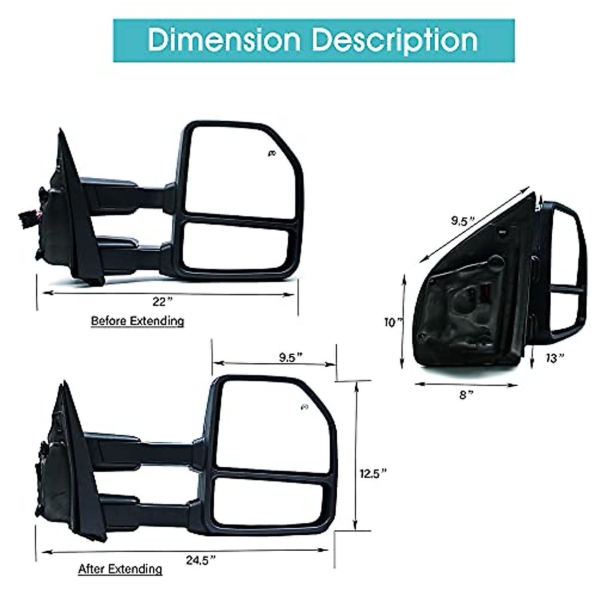 BOOLEE Towing Mirrors fit for 2017 2018 2019 2020 Ford F250 F350 F450 F550 Super Duty Turn Signal Light Temperature Sensor Heated Power Auxiliary Light Black Housing