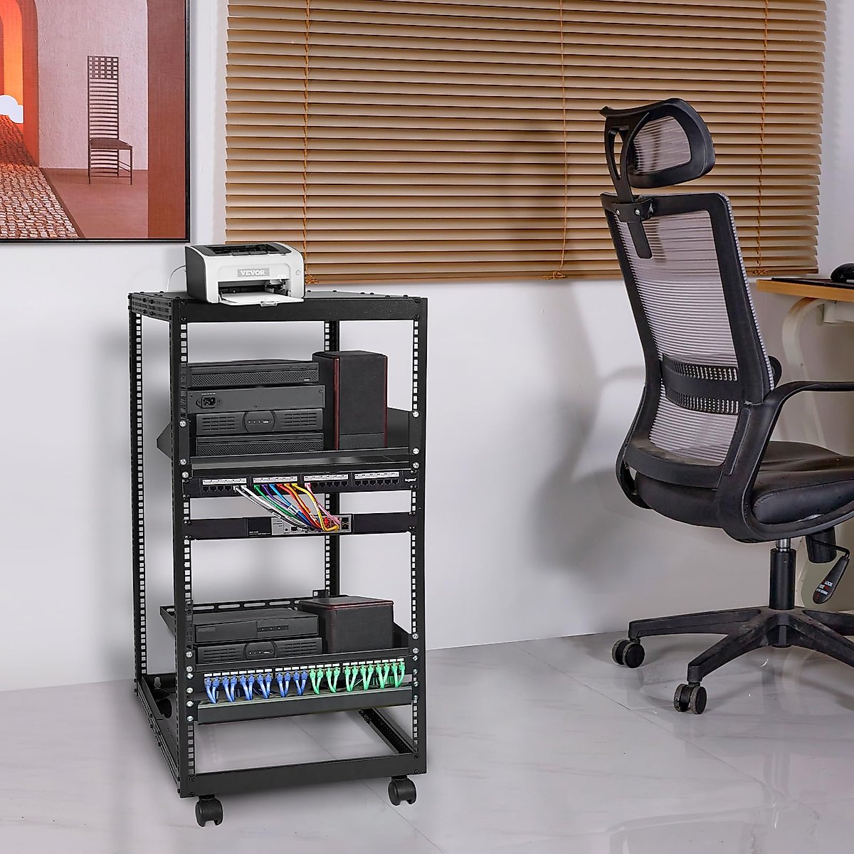 VEVOR 20U Open Frame Server Rack, 23''-40'' Adjustable Depth, Free Standing or Wall Mount Network Server Rack, 4 Post AV Rack with Casters, Holds All Your Networking IT Equipment AV Gear Router Modem