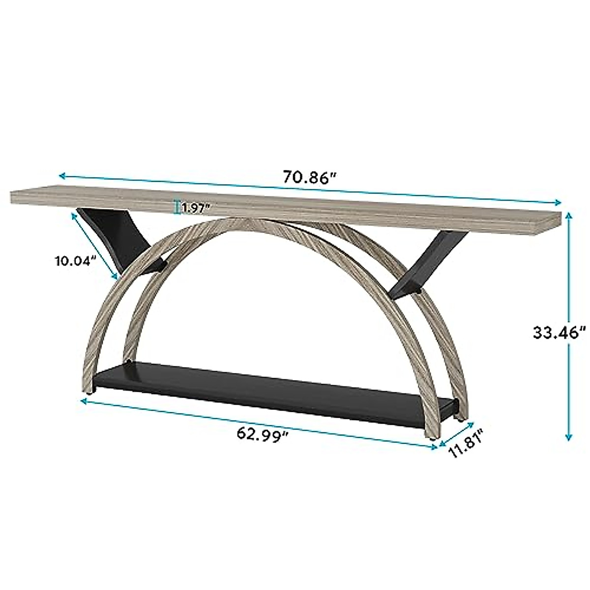 Tribesigns 70.87" Console Table with Storage Shelf, Narrow Long Sofa Table Behind Couch Table, 2-Tier Rustic Entryway Table with Half Moon Frame for Hallway Living Room, Gray & Black