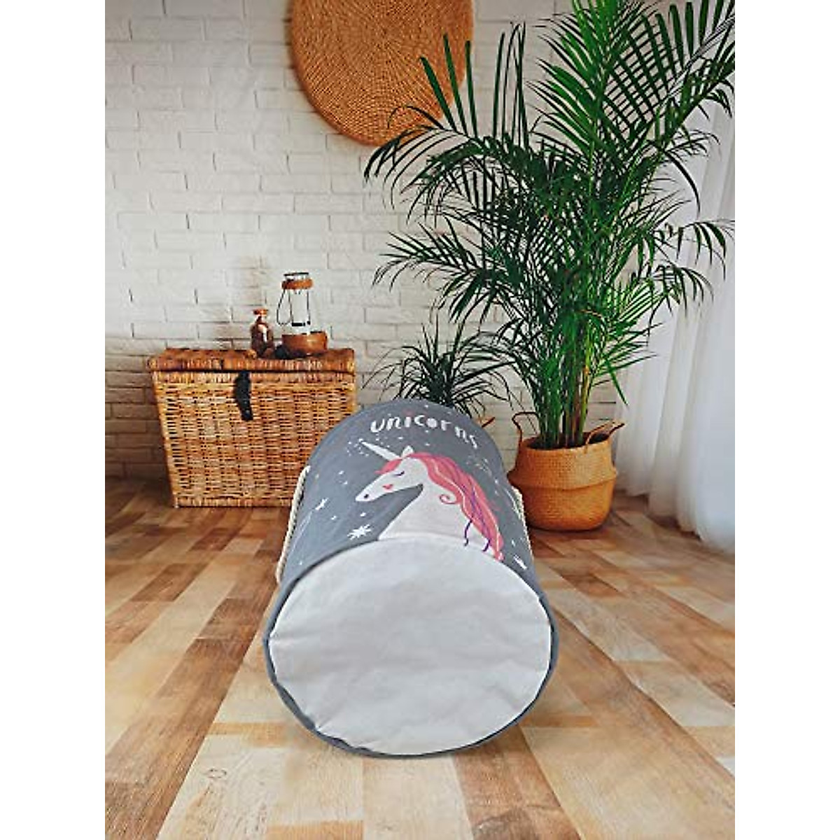 VAIVUSTO Round Laundry Basket Waterproof Canvas Large Clothes Basket Laundry Hamper with Rope Handles Cute Cartoon Kids Nursery Hamper for Kids Room Toy Storage Girls Room Decor (Gray Unicorn)
