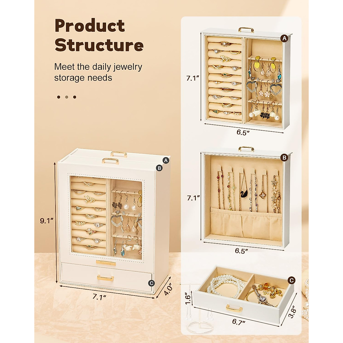 Homde Jewelry Organizer Girls Women Jewelry Box for Necklaces Rings Earrings Gift Jewelry Storage Case (White + Gold)