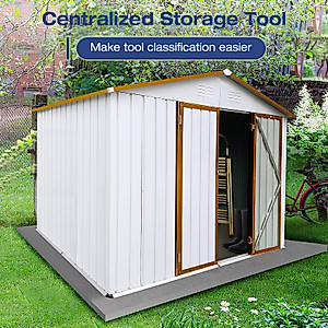 Lyromix 8' × 6' Metal Outdoor Storage Shed with Door & Lock, Waterproof Garde Storage Tool Shed with Base Frame for Backyard Patio,White-Yellow