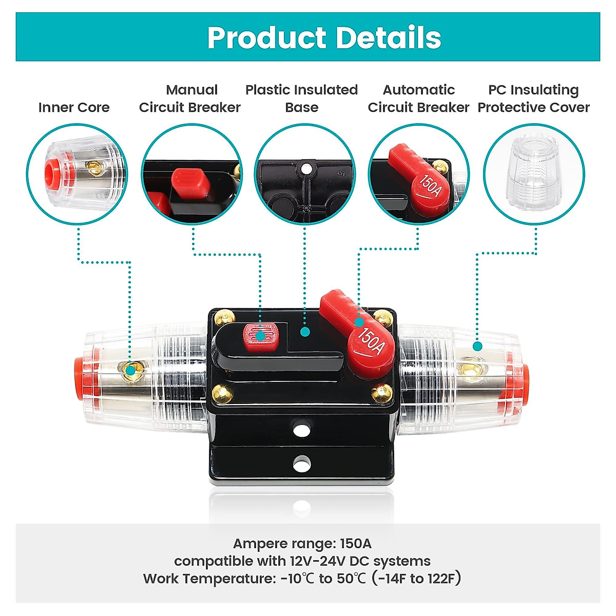 NuIth 150A Audio Inline Circuit Breaker with Manual Reset 12-24V, 4-12 AWG 150 AMP Circuit Breaker Inline Fuse for Car AutomotiveAudio Amplifier System Protection Marine Truck RV Home, 2PCS