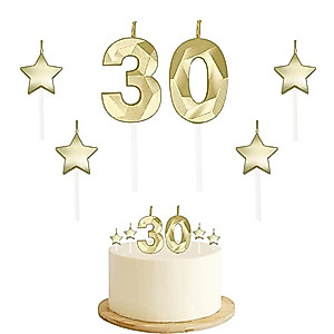 30th Birthday Candles for Cake - Number 30 & 3 & 0 Birthday Candles and Glitter Star Birthday Candles 2 Inch 3D Diamond Shape Number Candles for Birthday Party Anniversary Kids Adults(Gold)