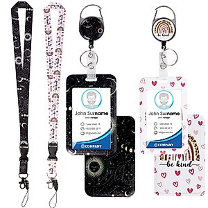 2 Pcs ID Badge Holder with Lanyard Retractable Heavy Duty Badge Reel Clip Cute Work Badge Holder for Women Nurse Teacher Detachable Key Lanyard Key Card Nametag Holder Rainbow and Moon Lanyard