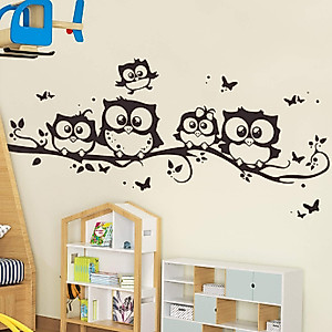 Family Owls On The Tree Branches Wall Decal Removable Cartoon Black Vinyl Owl Wall Art Decor Stickers for Babys Children Rooms Bedroom Living Room TV Background