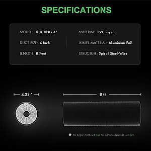 iPower Flexible 4 Inch 8 Feet Aluminum Ducting 4 Layer Protection Dryer Vent Hose for HVAC Heating Cooling Ventilation and Exhaust, 2 Clamps Included, Black