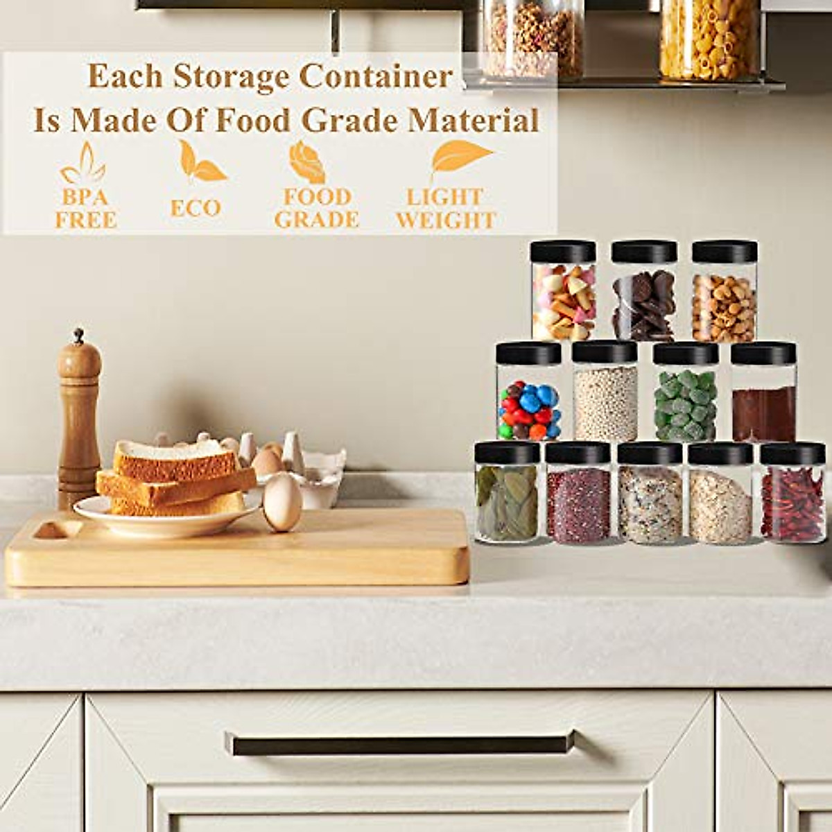 Plastic Jars with Lids Empty Slime Cosmetics Containers Clear Gift Food Jars Round PET Cream Jars with Black Lids Pen Labels for Kitchen Storage Spices Dry Food Body Butter Slime Making (8OZ 32PCS）