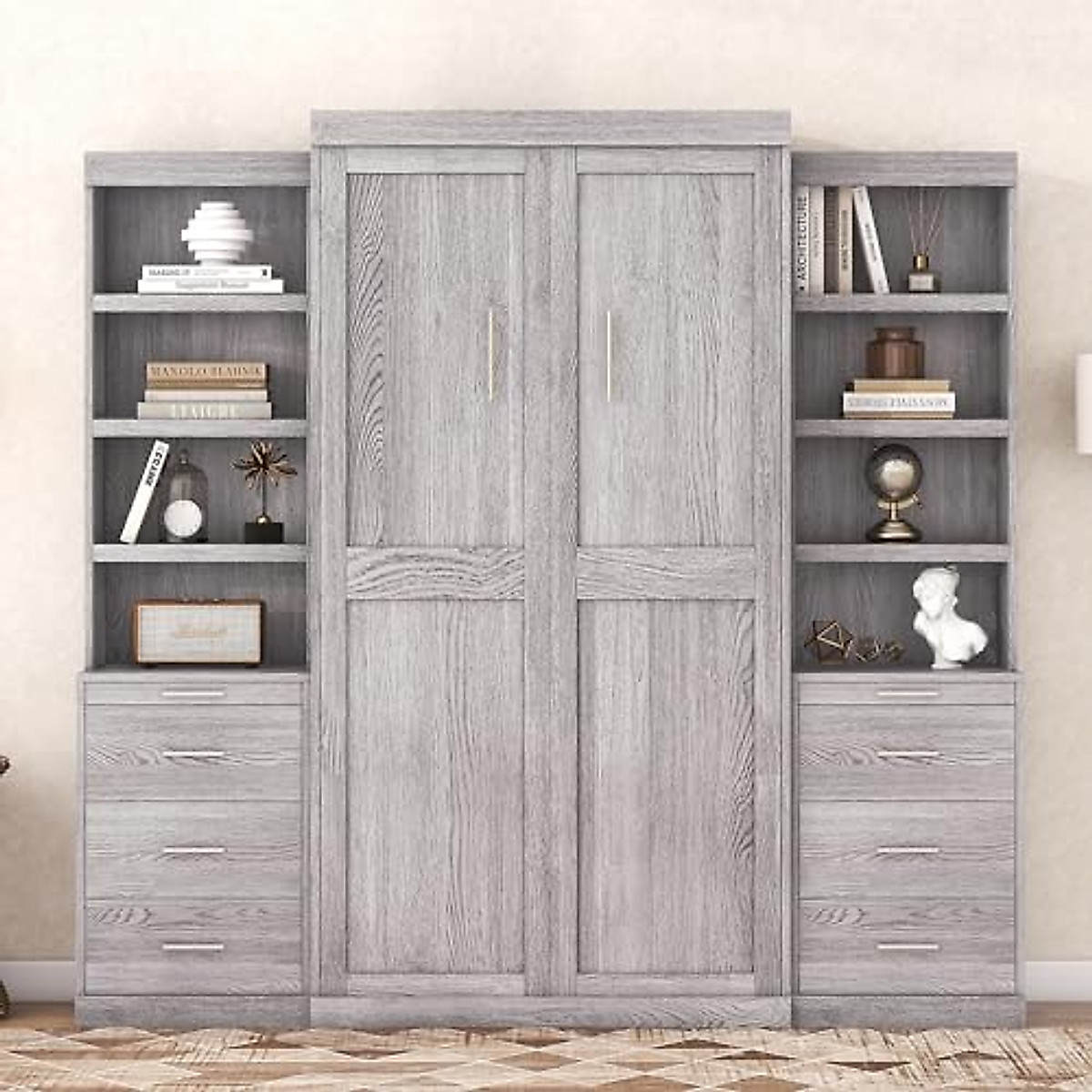 Prohon Twin Vertical Shelf Size Chest with Storage Shelves and Drawers, Saving Wall Canbe Folded into a Cabinet, Strong Wood Slat Support, Versatile Murphy Small Spaces Design Platform Bed, Gray