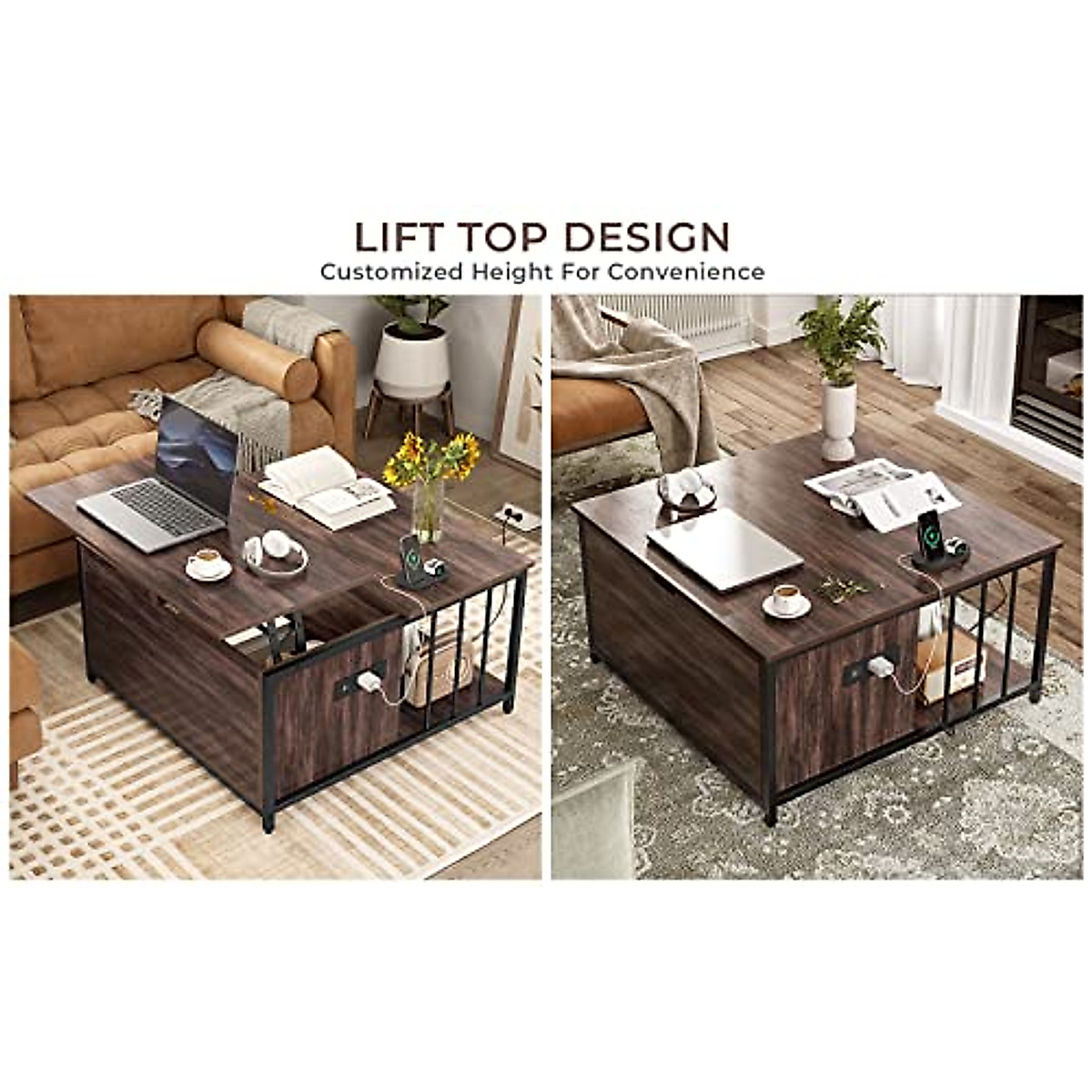AOGLLATI Lift Top Coffee Table with Storage and Hidden Compartment, Farmhouse Square Coffee Table with Charging Station, Wood Lift Tabletop Central Table for Living Room, Reception Room, Retro Brown