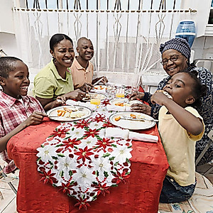 OurWarm Christmas Embroidered Table Runners Poinsettia Holly Leaf Table Linens for Christmas Decorations 15 x 70 Inch