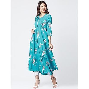 Tissu Women's Rayon Turquoise Floral Printed A-Line Kurta (1937_Blue_S)