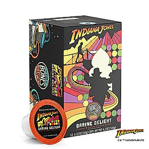 Bones Coffee Company Indiana Jones Daring Delight Flavored Coffee Bones Cups Single-Serve Coffee Pods for Coffee Maker 1.0 & 2.0, Scotcheroo Flavor (12ct)