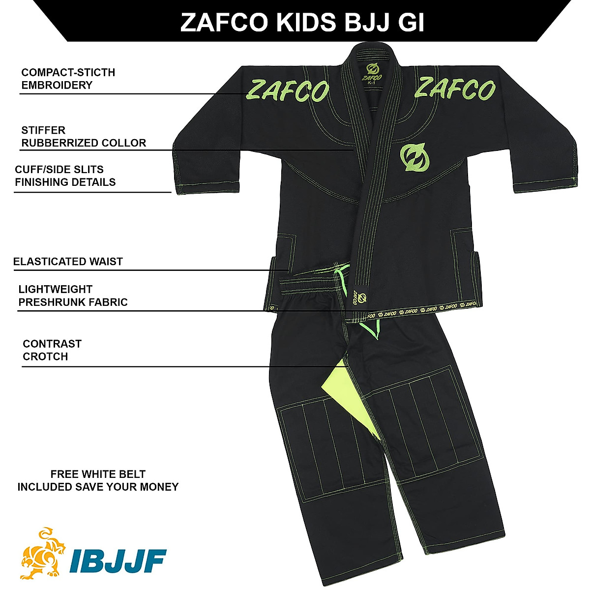 Zafco Sports Brazilian Jiu Jitsu, Kids Jiu Jitsu Gi Children BJJ Gi Grappling Kimonos Lightweight White Belt (Black, K0)