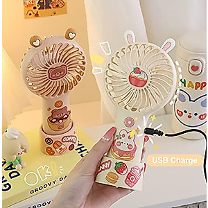 Kawaii Portable Fan with Stickers Kawaii Handheld Fan Kawaii Desk Fan with Standing Base Cute Small Personal Cooling Fan for Girls Room USB Power Rechargeable Fan Quiet Adjustable Airflow (Beige Bunny)