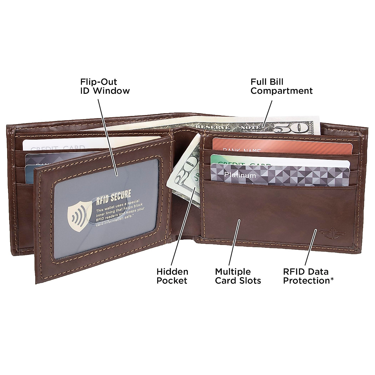 Dockers Men's Extra Capacity Bifold Wallet-ID Window and Multiple Card Slots, Brown, One Size