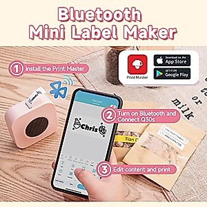 Memoqueen Label Makers Machine with 3 Tapes Q30S Handheld Bluetooth Mini Sticker Thermal Label Printer, Easy-to-Use for Home Office Organization, Rich Icon Font Multiple Templates,Pink