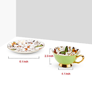 LURRIER Coffee Cup Mug with Saucer for Latte, Cappuccino Tea with Butterflies 6.8 Oz Fine Bone China, Dishwasher Safe, Reactive Glaze, 1 Pcs (Green)