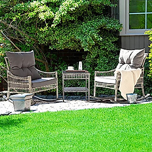 VEIKOU Patio Furniture Set Rocking Bistro Set, 3 Pc Outdoor Wicker w/Upgraded 3'' Thicken Cushion, Rattan Chair Conversation Sets with Glass Coffee Table, Grey/Black