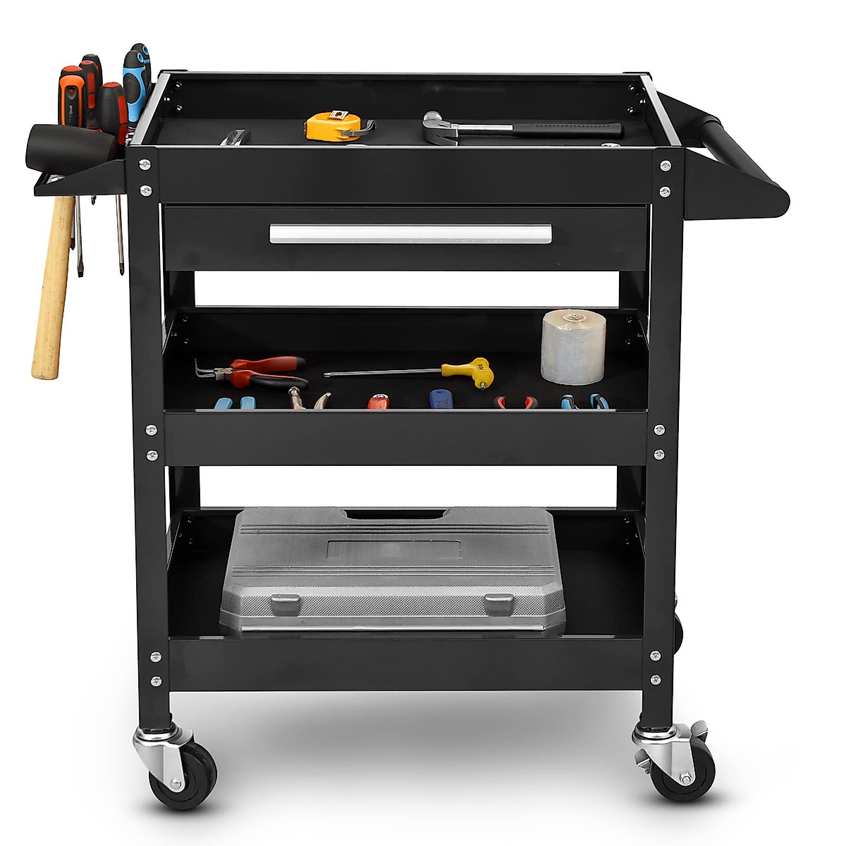 Happytools 3 Tier Tool Cart on Wheels, Heavy Duty Industrial Utility Service Cart with Drawer, Rolling Mechanic Tool Box Organizer for Garage Warehouse Workshop Repair Shop, 330 LBS Capacity (Black)