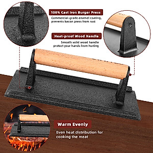 LWWTBS Burger Press Heavy-Duty Cast Iron Smashed Meat Steak Weight Grill Griddle Press (7" Round & 8.2"X4.3" Rectangle) with Wood Handle for Blackstone Griddle