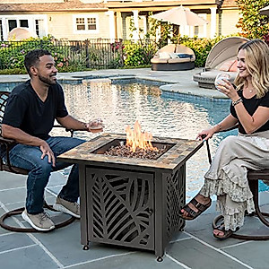 Endless Summer 30 Inch Square 50,000 BTU LP Gas Outdoor Fire Pit Table with Slate Tile Mantel, Cut Out Design, Fire Glass, and Cover, Brown Multi