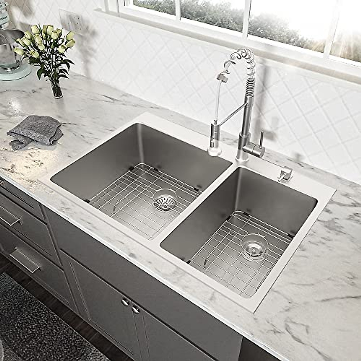 33 Kitchen Sink Drop In Double Bowl - Lordear 33"x22" Kitchen Sink Stainless Steel 16 Gauge Topmount Double Bowl 60/40 Kitchen Sink