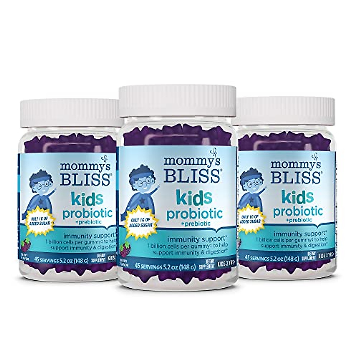Mommy's Bliss Kids Probiotic + Prebiotic Gummies, Supports Immunity & Digestion for Kids 2 Years+, Less Sugar, Yummy Berry Flavor, 45 Count (Pack of 3)