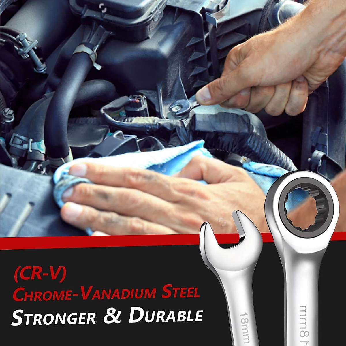 RIMKOLO 24-Piece Ratchet Wrenches Chrome Vanadium Steel Ratcheting Wrench Set with Metric and SAE 72-Tooth Box End and Open End Standard Wrench Set with Organizer Box