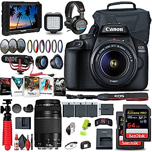 Canon EOS 4000D / Rebel T100 DSLR Camera with 18-55mm Lens + Canon EF 75-300mm Lens + 4K Monitor + Mic + Headphones + 2 x 64GB Memory Card + Color Filter Kit + Case + More (Renewed)