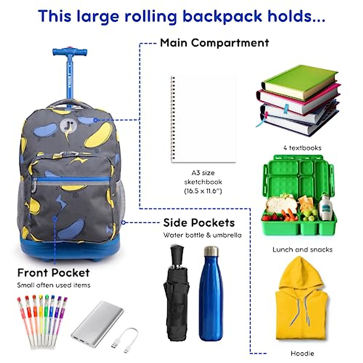 J World New York Sunrise Kids Rolling Backpack for Girls Boys Teen. Roller Bookbag with Wheels, Lightboard, 18"