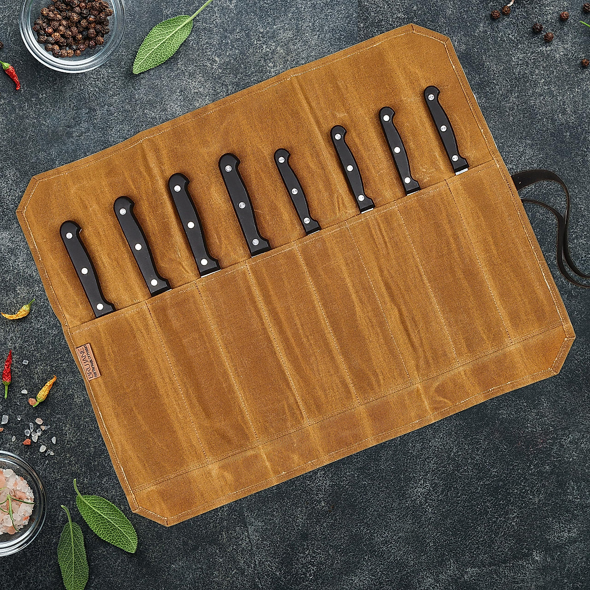 BRUJANE Knife Roll Bag with Cotton Rope | Waxed Canvas Knife Bag for Chefs & Culinary Enthusiasts | Folding Design | 8 Pockets, Holds 7.87-inch Knives (17”L x 21.5”W)