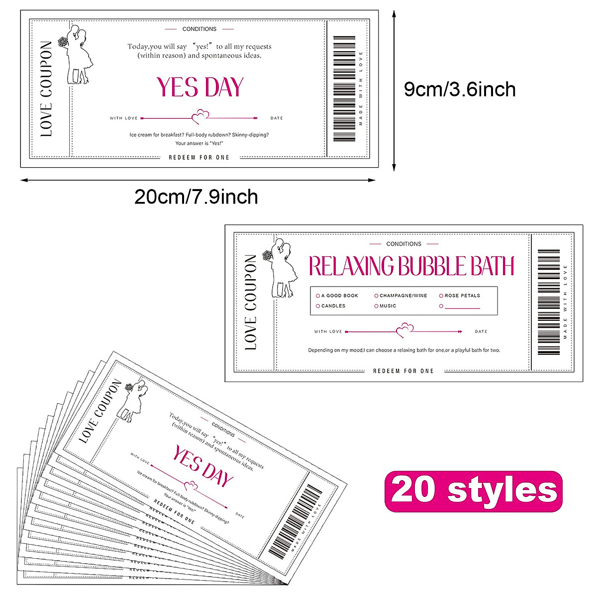 Zonon 20 Pieces Valentine‘s Day Love Coupon Cards for Sweet Couple, Husband, Wife, Boyfriend or Girlfriend Romantic Gift for Wedding, Anniversary or Birthday, 20 Designs