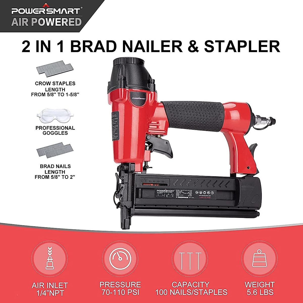 Pneumatic Brad Nailer, POWERSMART 2 in 1 Nail Gun and Crown Stapler with Safety Glasses, Compatible with 5/8” up to 2” Nails, 18 Gauge Brad Gun for Upholstery, Carpentry and Woodworking Projects